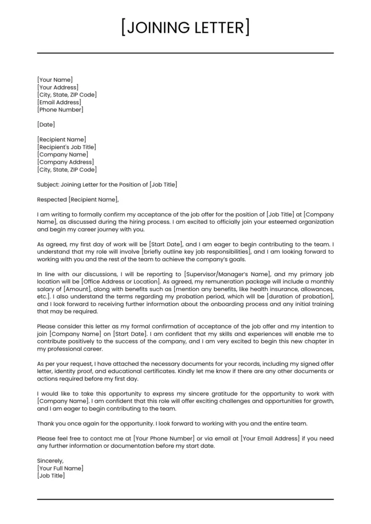 Joining Letter Format, Samples, Examples